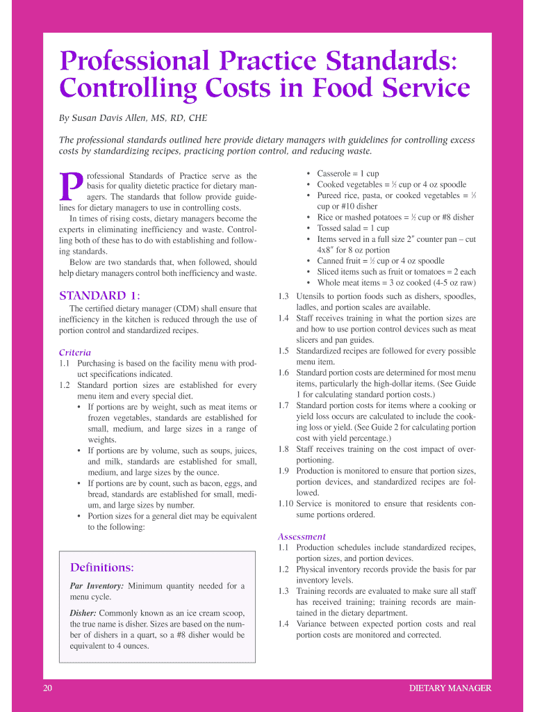 Fillable Online anfponline Professional Practice Standards: Controlling Costs in Food ... Fax ...
