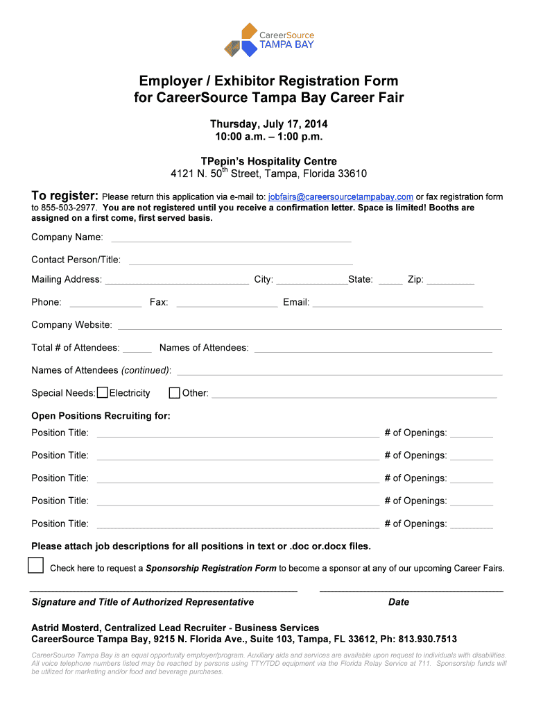 Fillable Online Employer / Exhibitor Registration Form for CareerSource ...