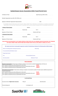 Fillable Online Saskatchewan Soccer Association (SSA) Travel Permit ...
