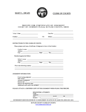 Fillable Online butlercountyclerk PRECIPE FOR CERTIFICATE OF JUDGMENT ...