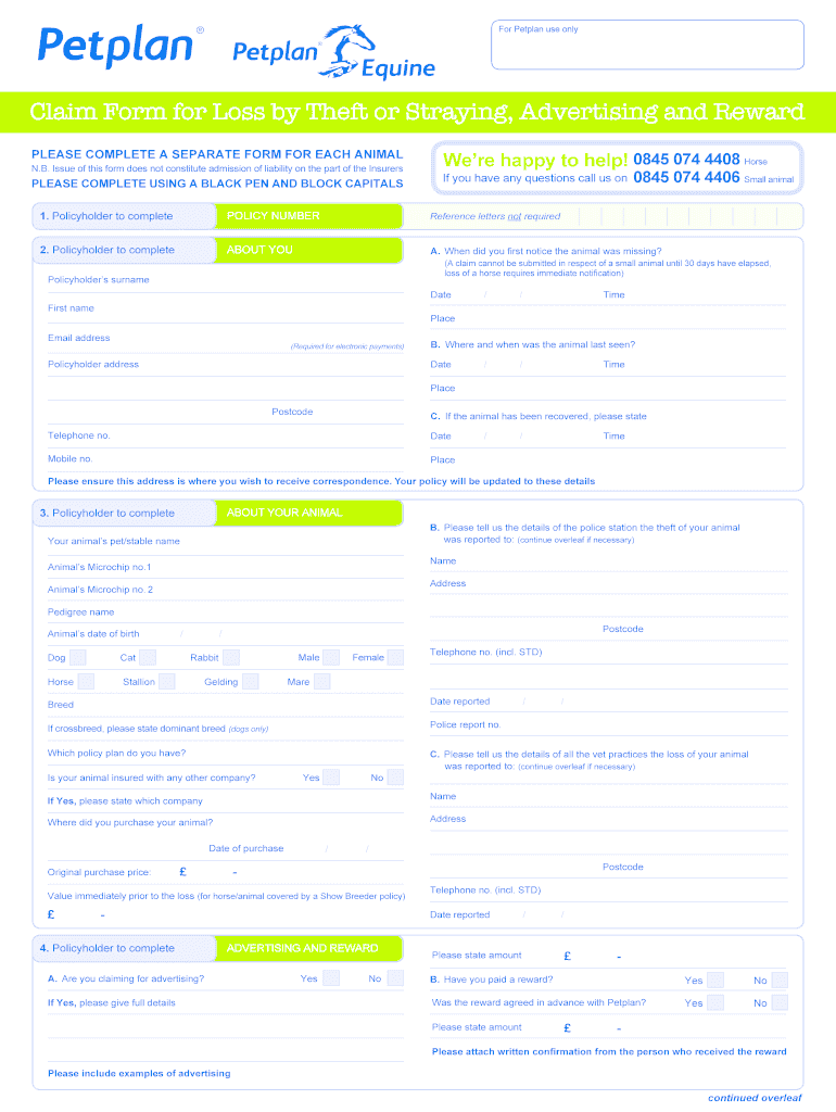 Fillable Online Loss by Theft or Straying - Petplan Fax Email Print - pdfFiller