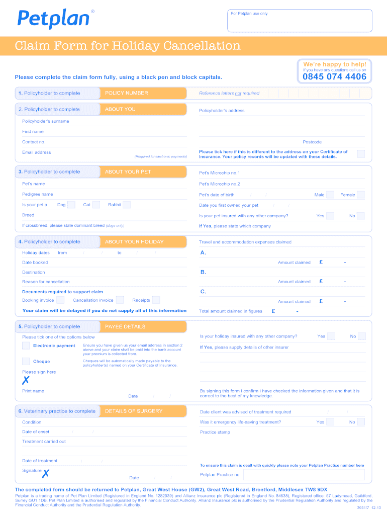 Fillable Online Holiday Cancellation - Petplan Fax Email Print - pdfFiller