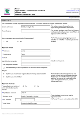 Fillable Online moray gov Moray Application for a variation and/or transfer of premises ...