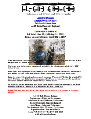 Fillable Online 2014 Rocky Mountain Regional Packet - Alpaca Llama Show ... Fax Email Print ...
