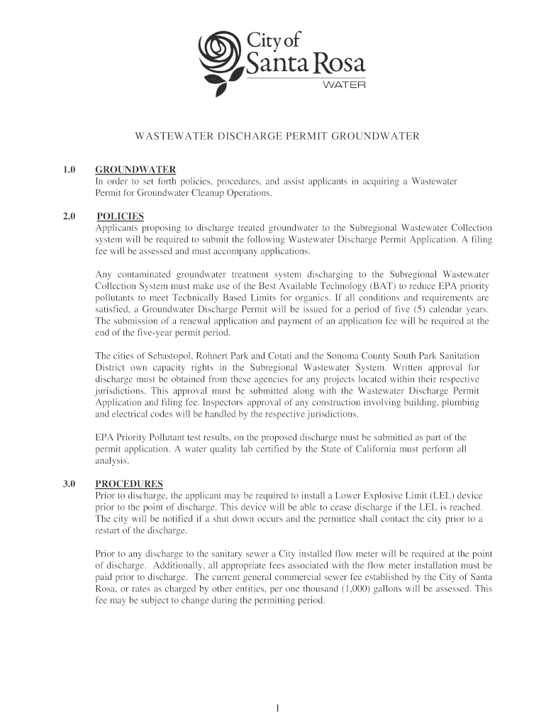 Fillable Online 1 wastewater discharge permit groundwater - City of ...