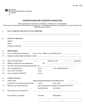 Fillable Online QUESTIONNAIRE FOR A SCHENGEN VISA - vfs-germany.com Fax ...