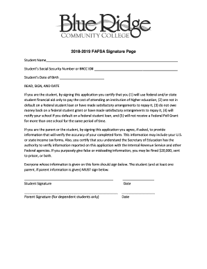 Fillable Online BRCC 2018-2019 FAFSA Signature Page Form Fax Email ...