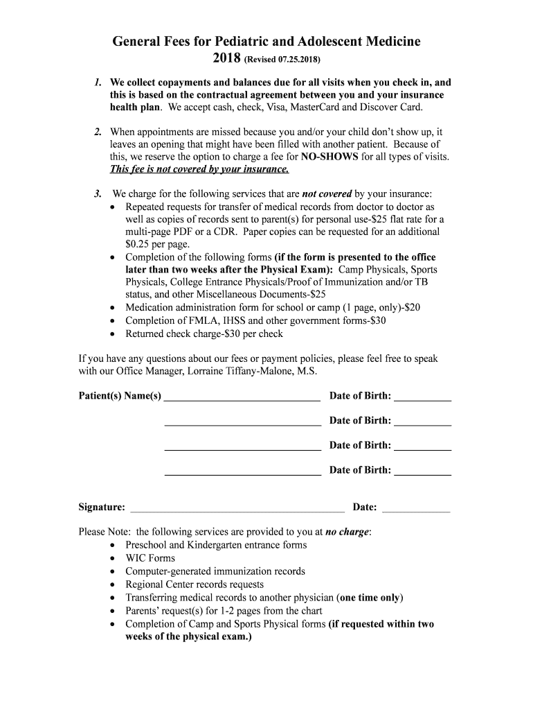 Fillable Online General Fees for Pediatric and Adolescent Medicine Fax ...