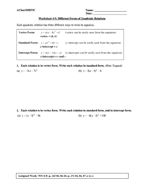 Fillable Online Worksheet 4-9: Different Forms of Quadratic Relations ...