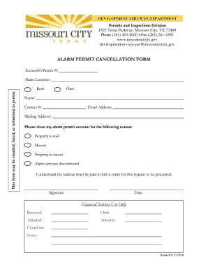 Fillable Online ALARM PERMIT CANCELLATION FORM Financial Services Use ...