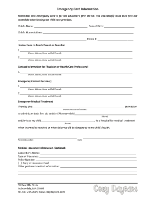 Fillable Online Emergency Card Information - Cozy DayCare Fax Email ...