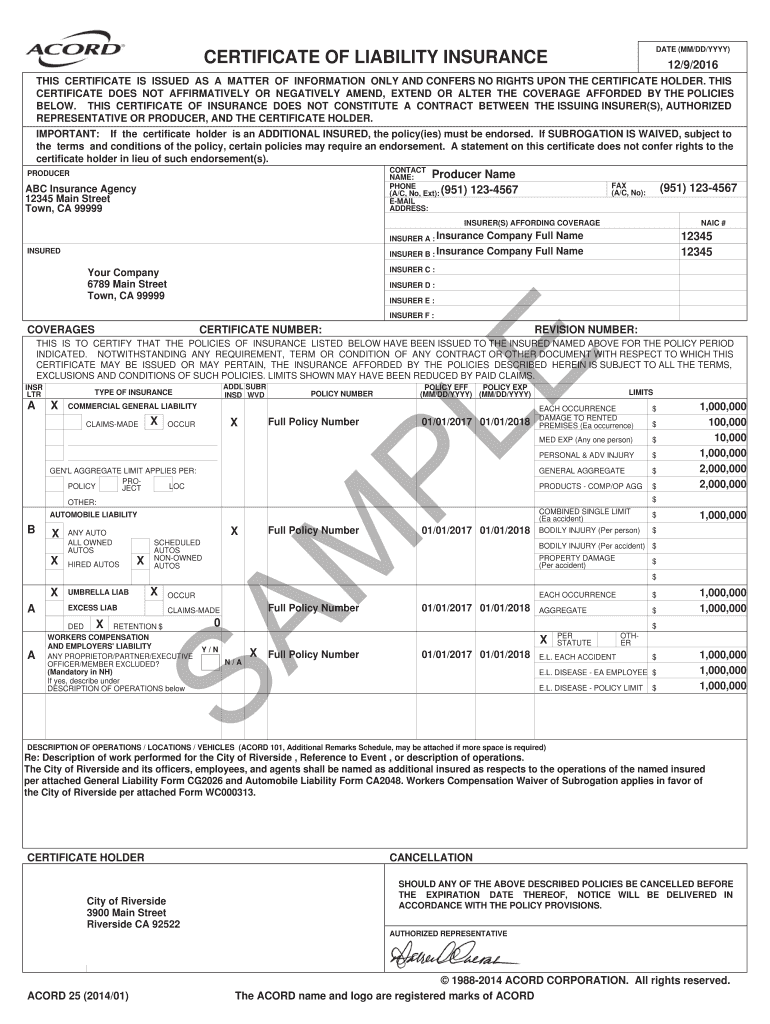 Fillable Online certificate of liability insurance - City of Riverside ...