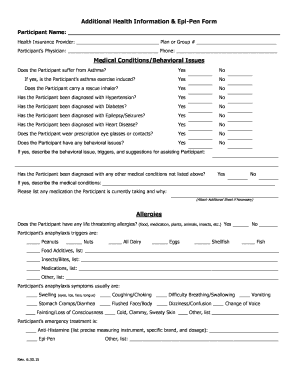 Fillable Online Additional Health Information & Epi-Pen Form Medical ...