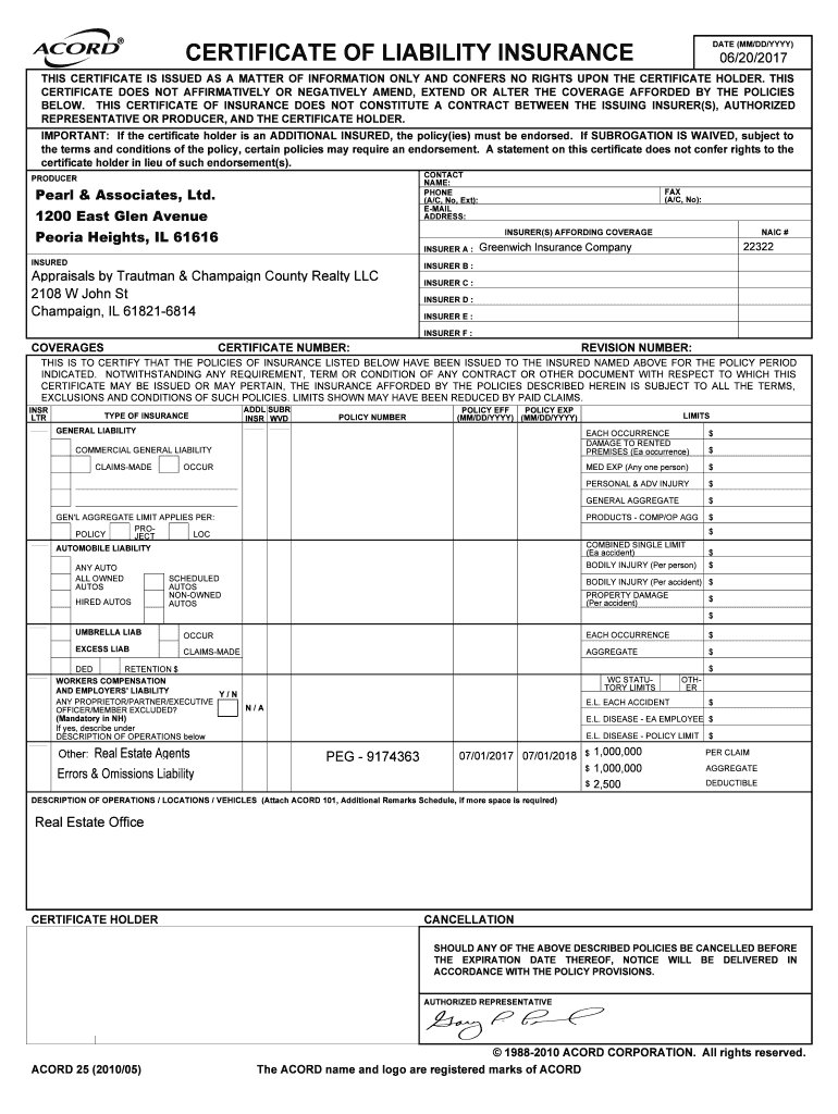 Fillable Online certificate of liability insurance - Champaign County ...