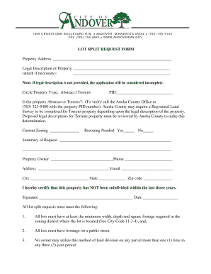 Fillable Online LOT SPLIT REQUEST FORM Property Address Legal ...
