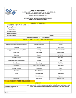 Fillable Online DEVELOPMENT IMPROVEMENTS AGREEMENT INSPECTION REQUEST ...