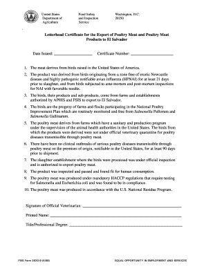 Fillable Online FSIS Letterhead Certificate for the Export of Poultry ...