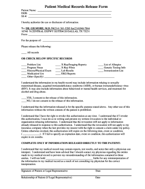 Fillable Online Patient Medical Records Release Form. Patient Medical ...