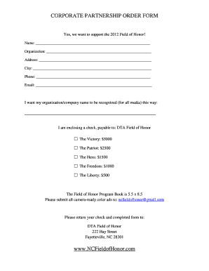 Fillable Online CORPORATE PARTNERSHIP ORDER FORM www ... Fax Email ...