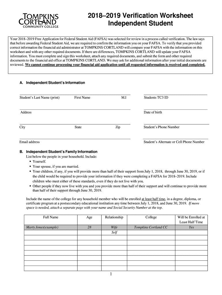 Fillable Online . 20182019 Verification Worksheet, Independent Student Fax Email Print - pdfFiller