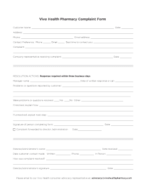 Fillable Online Vivo Health Pharmacy Complaint Form Fax Email Print - pdfFiller