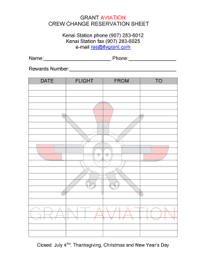 Fillable Online GRANT AVIATION CREW CHANGE RESERVATION SHEET Fax Email ...