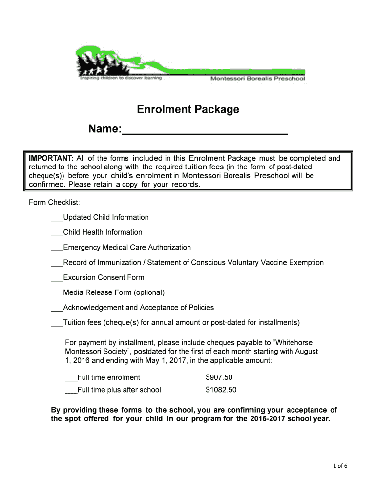 Fillable Online Enrolment Package Name - Montessori Borealis Preschool ...