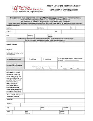 Fillable Online opi mt Class 4 Verification of Work Experience Form ...