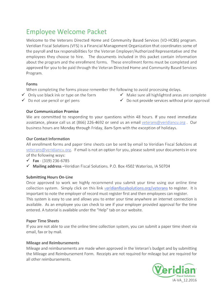 Fillable Online Employee Welcome Packet - Veridian Fiscal Solutions Fax Email Print - pdfFiller