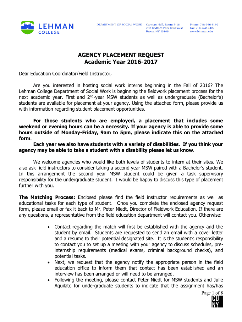 Fillable Online AGENCY PLACEMENT REQUEST Academic ... - Lehman College ...