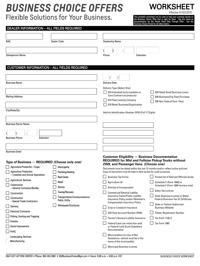 2018 Chevrolet Business Choice Worksheet - Southern Vehicle ... - Fill ...