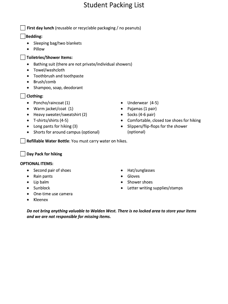 Student Packing List - Blank Fillable Template | Fill Out, Print ...