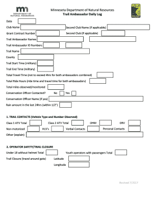 Fillable Online files dnr state mn Trail Ambassador Daily Log Form ...