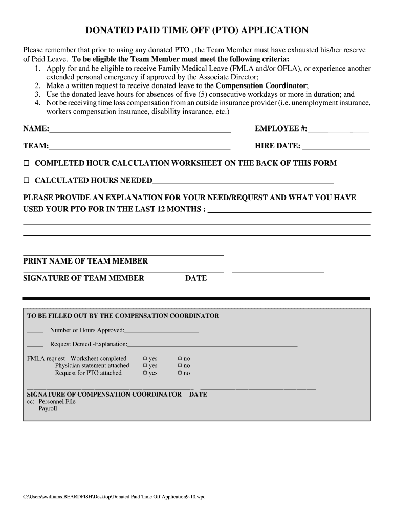 Fillable Online DONATED PAID TIME OFF (PTO) APPLICATION Fax Email Print ...