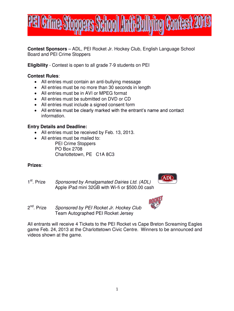 Fillable Online Contest Sponsors ADL, PEI Rocket Jr. Hockey Club ...