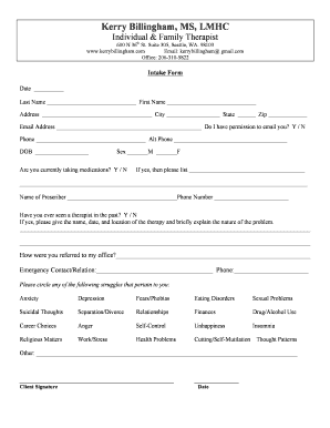 Fillable Online Intake pdf - Kerry Billingham Fax Email Print - pdfFiller