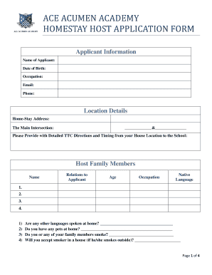 Fillable Online ACE ACUMEN ACADEMY HOMESTAY HOST APPLICATION FORM Fax ...
