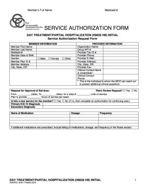 Fillable Online Day Treatment Partial Hospitalization Initial ...