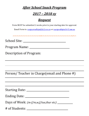 Fillable Online After School Snack Program 2017 2018 sy Request School ...