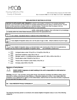 Fillable Online DECLARATION OF SECTION 214 STATUS NOTICE TO ... Fax ...