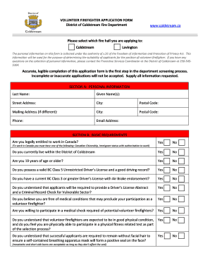 Fillable Online coldstream civicweb VOLUNTEER FIREFIGHTER APPLICATION FORM Fax Email Print ...
