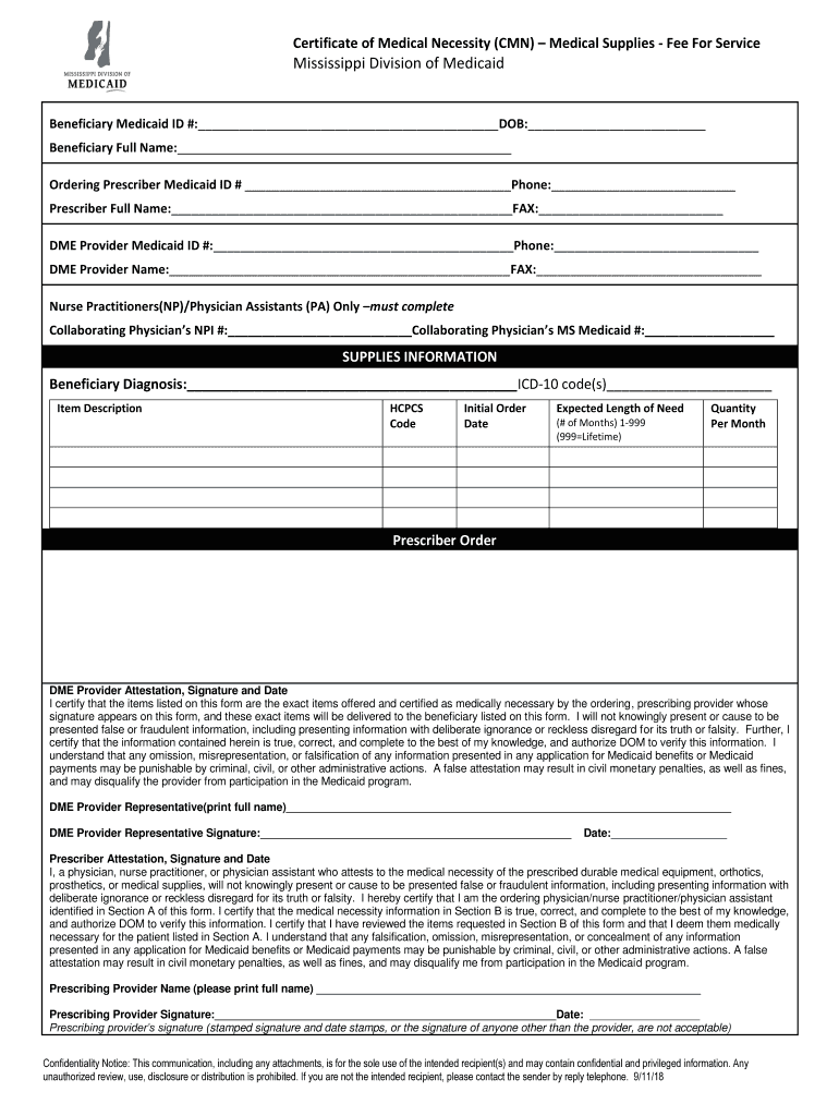 Fillable Online medicaid ms Certificate of Medical Necessity (CMN ...