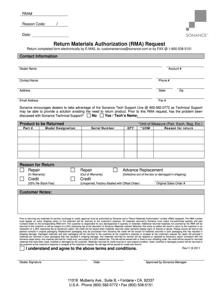 Fillable Online Return Materials Authorization (RMA) Request - Sonance Fax Email Print - pdfFiller