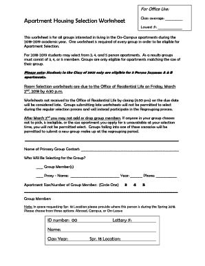 Fillable Online Room Selection apartment worksheet fall 2018 Fax Email ...