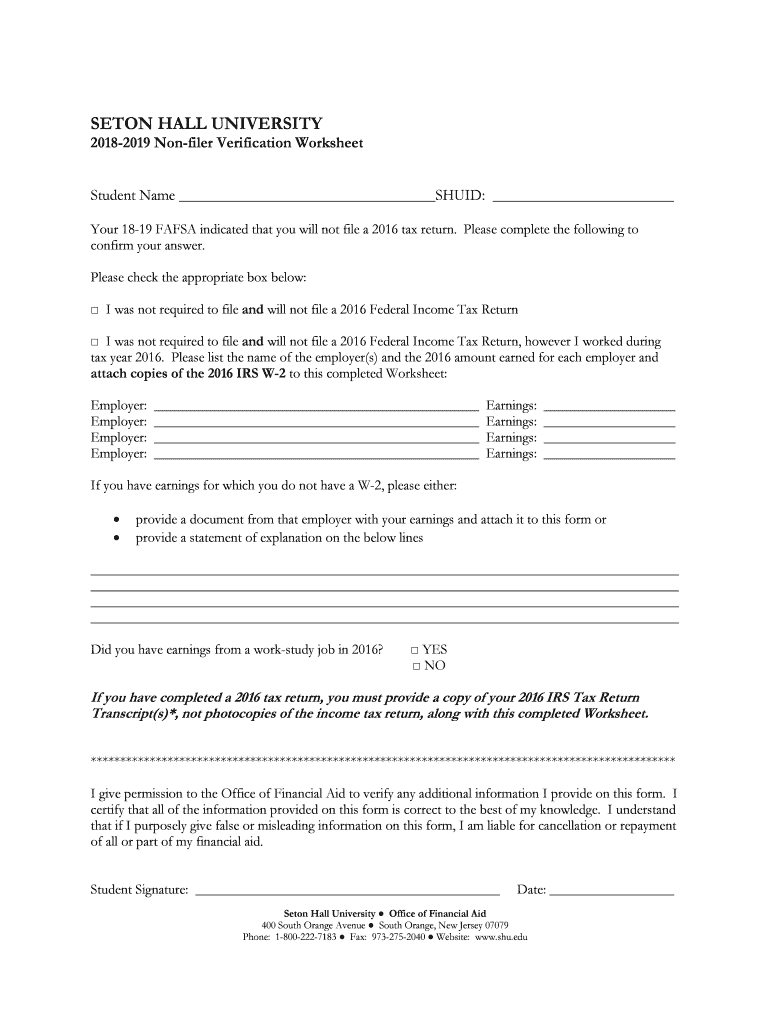 Fillable Online 2018-2019 Non-filer Verification Worksheet Fax Email ...