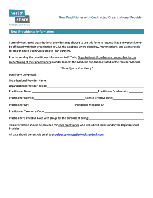 Fillable Online New Practitioner with Contracted Organizational ...
