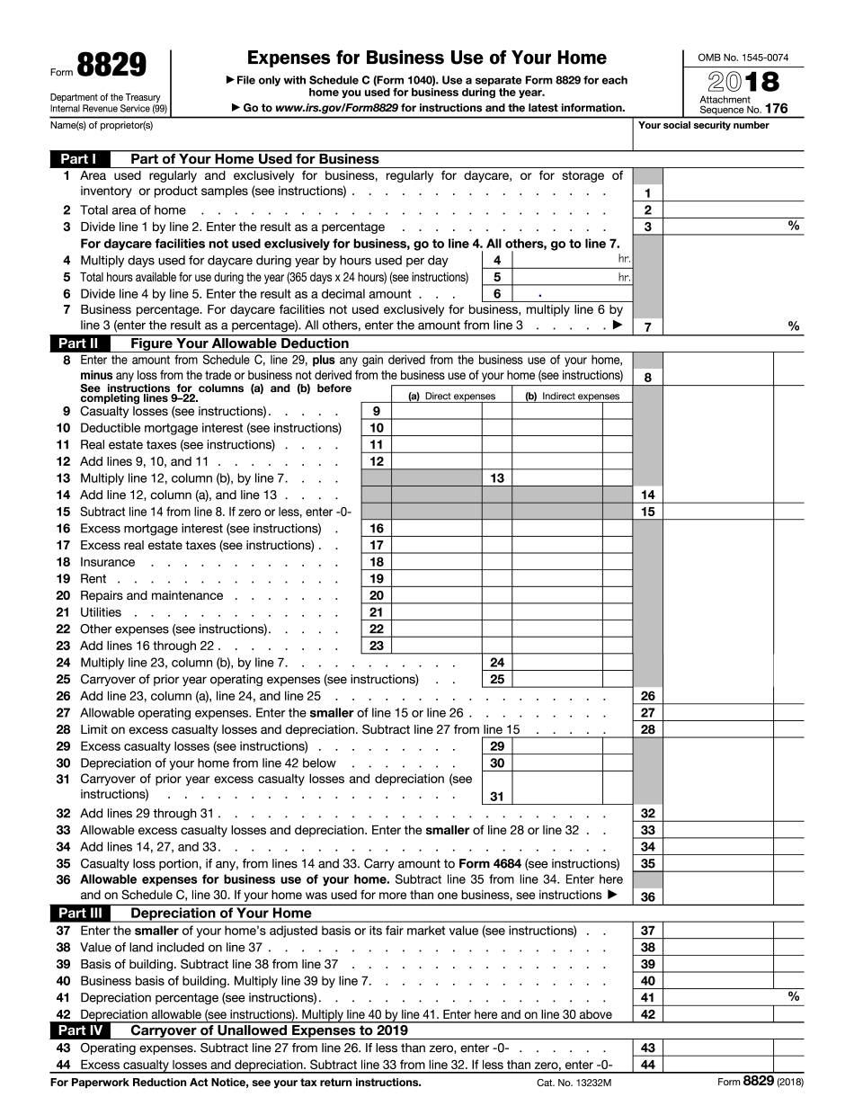 Fillable IRS Form 8829 2018 2019 Online PDF Template