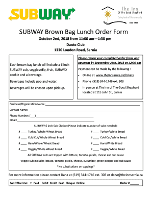 Fillable Online SUBWAY Brown Bag Lunch Order Form Fax Email Print ...