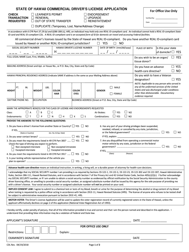 Fillable Online STATE OF HAWAII COMMERCIAL DRIVERS LICENSE APPLICATION ...