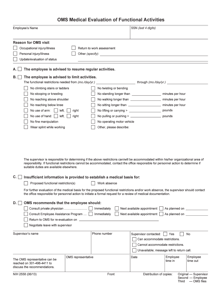 Fillable Online oma od nih Form NIH 2558. OMS Medical Evaluation of ...